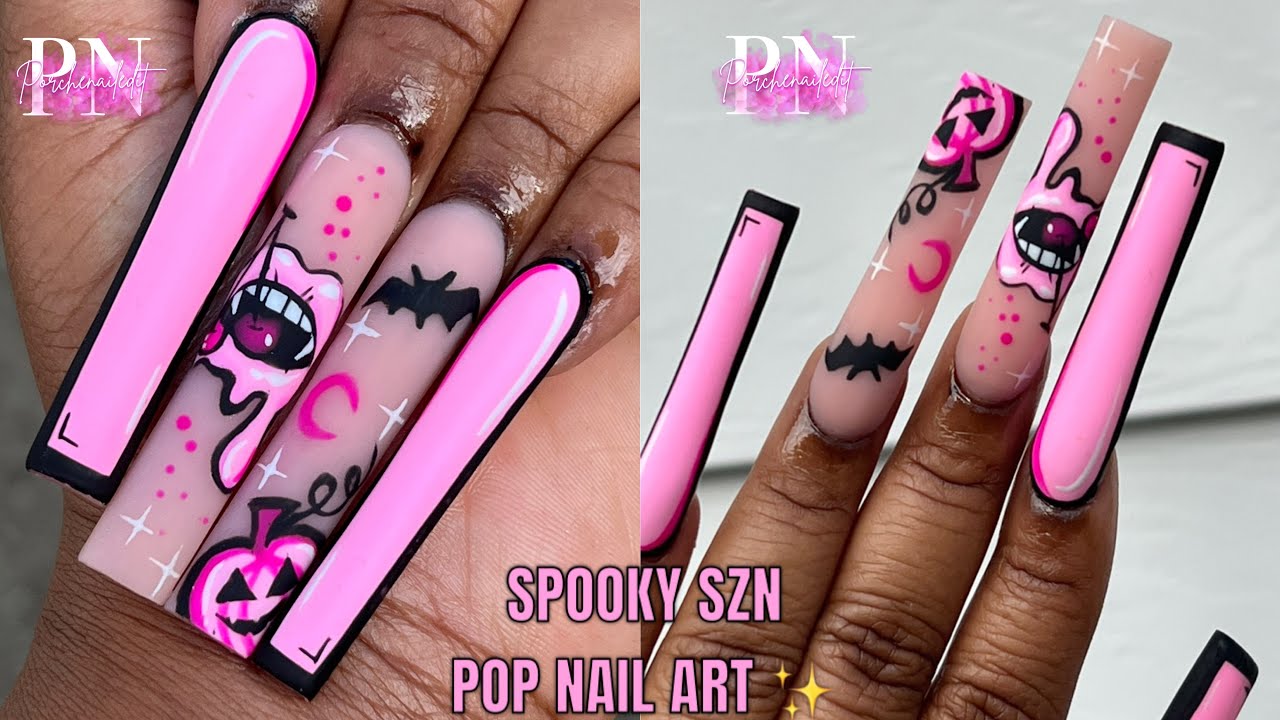 PINK POP ART HALLOWEEN NAILS | HOW TO HAND DRAWN NAIL ART | ACRYLIC ...