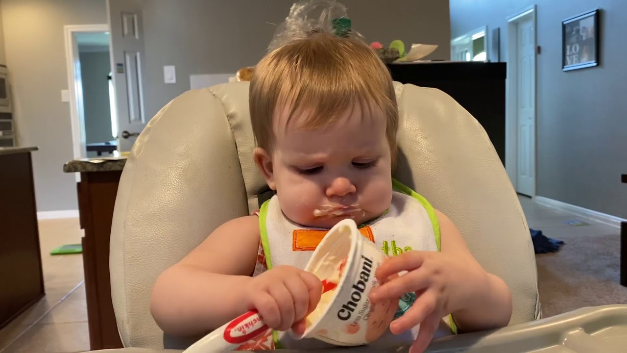 At her insistence, Bug eats Greek yogurt by herself - YouTube
