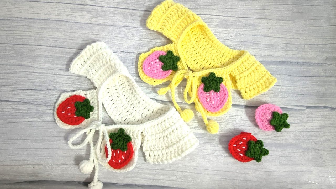 #105 pet collar with strawberries, crochet strawberry - YouTube