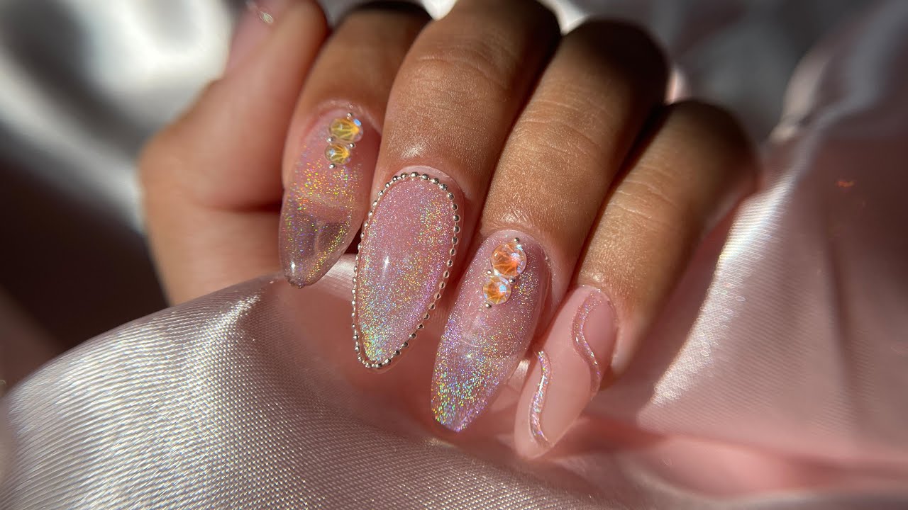 light pink holo swirls ღ | cute and simple nail art | asmr ♡ - YouTube