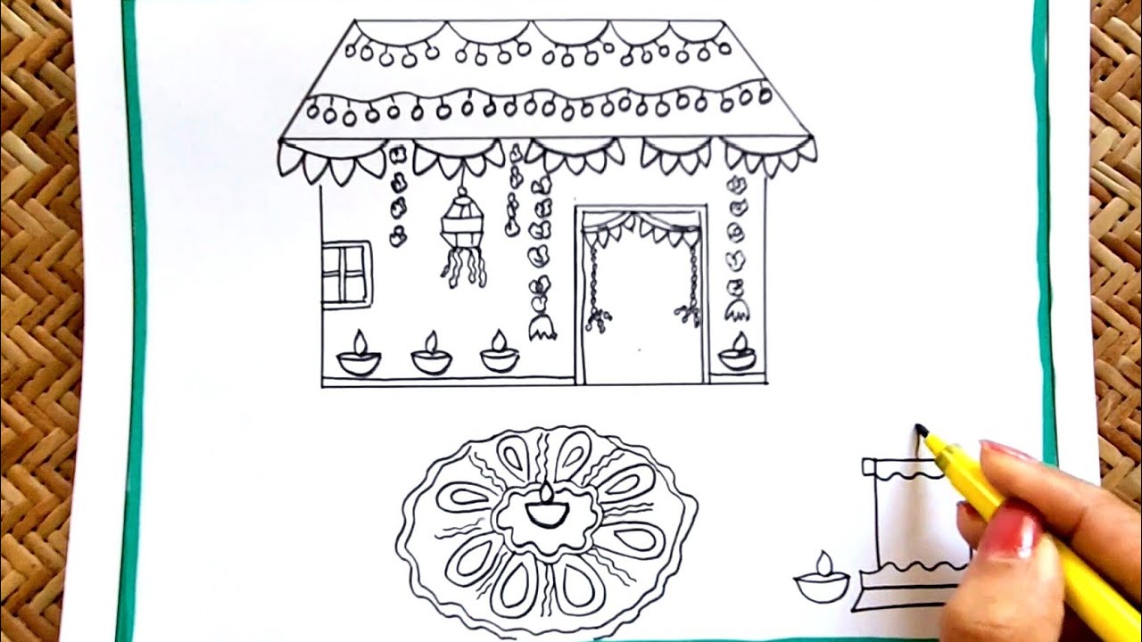 How to draw Diwali festival celebration line drawing | Deepavali ka ...