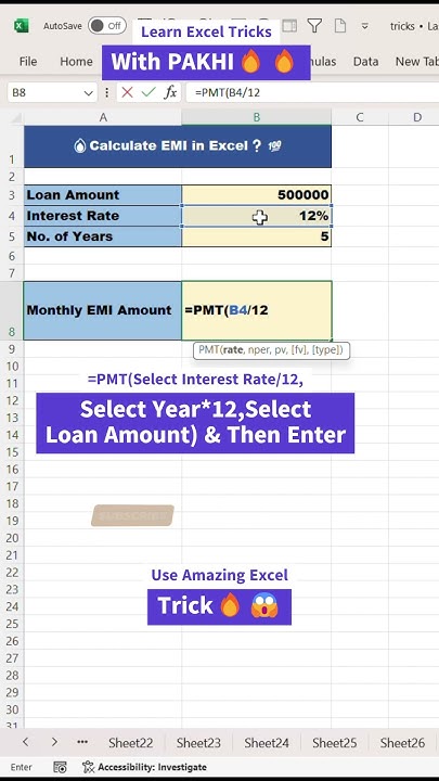 🔥Calculate EMI in Excel😱👍| PMT function in excel 💯📈#youtubeshorts #excel #short #exceltips - YouTube