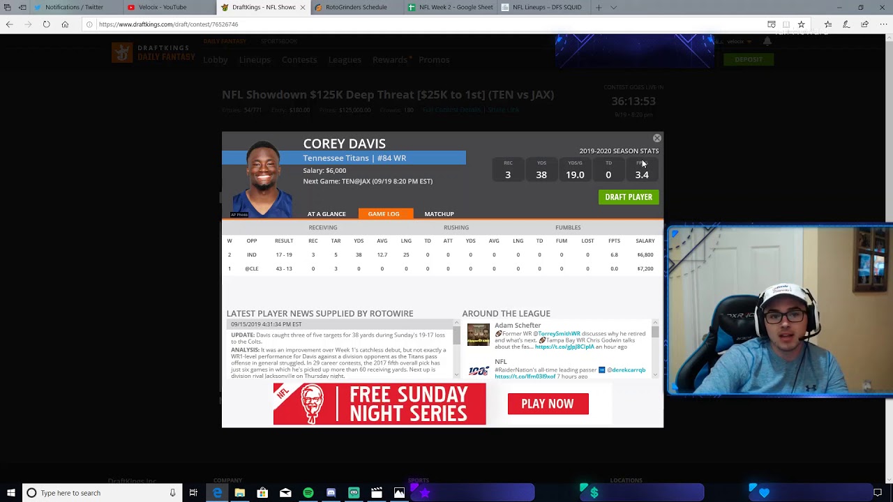 DRAFTKINGS THURSDAY NIGHT FOOTBALL SHOWDOWN SLATE NFL WEEK 3 2019 - YouTube
