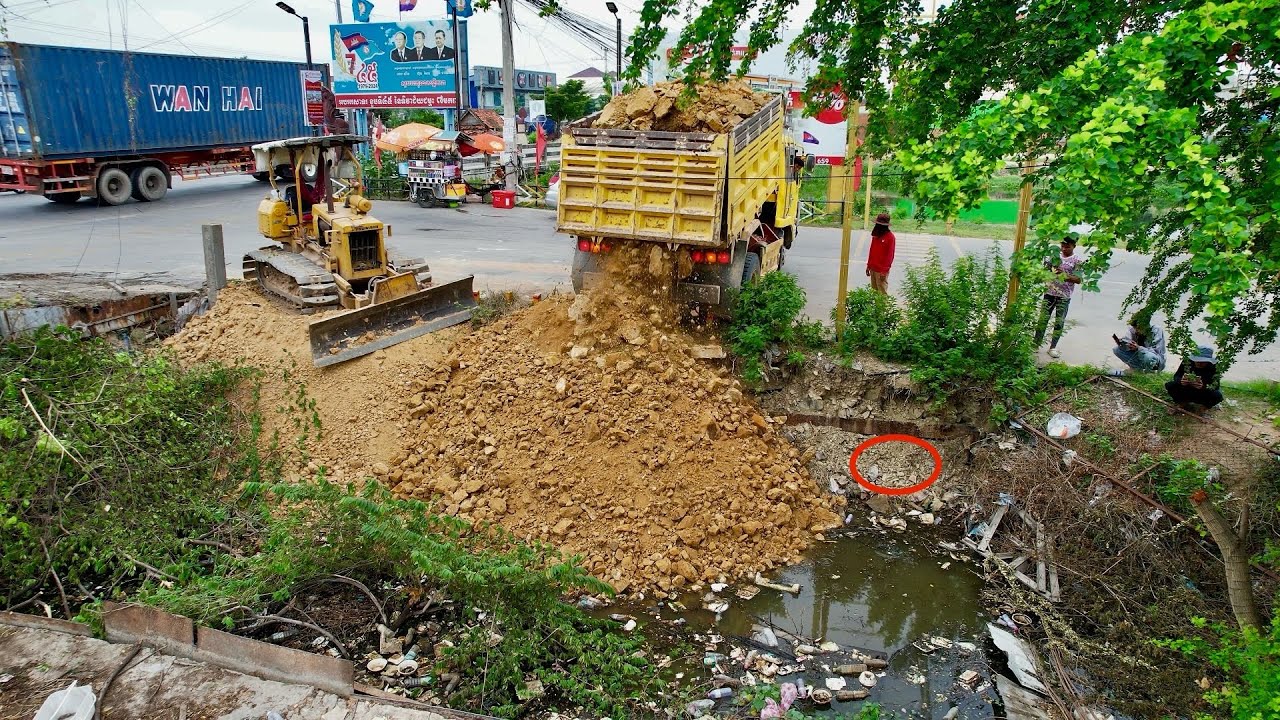 Nicely Complete Deep Pit, Talented Operator Bulldozer With Dump Truck ...