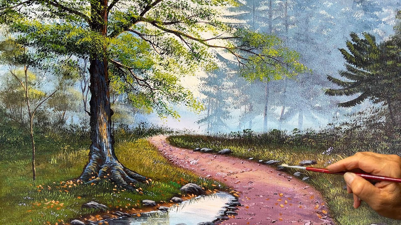 How to draw landscape painting "#31" / Draw tree & path by stream ...