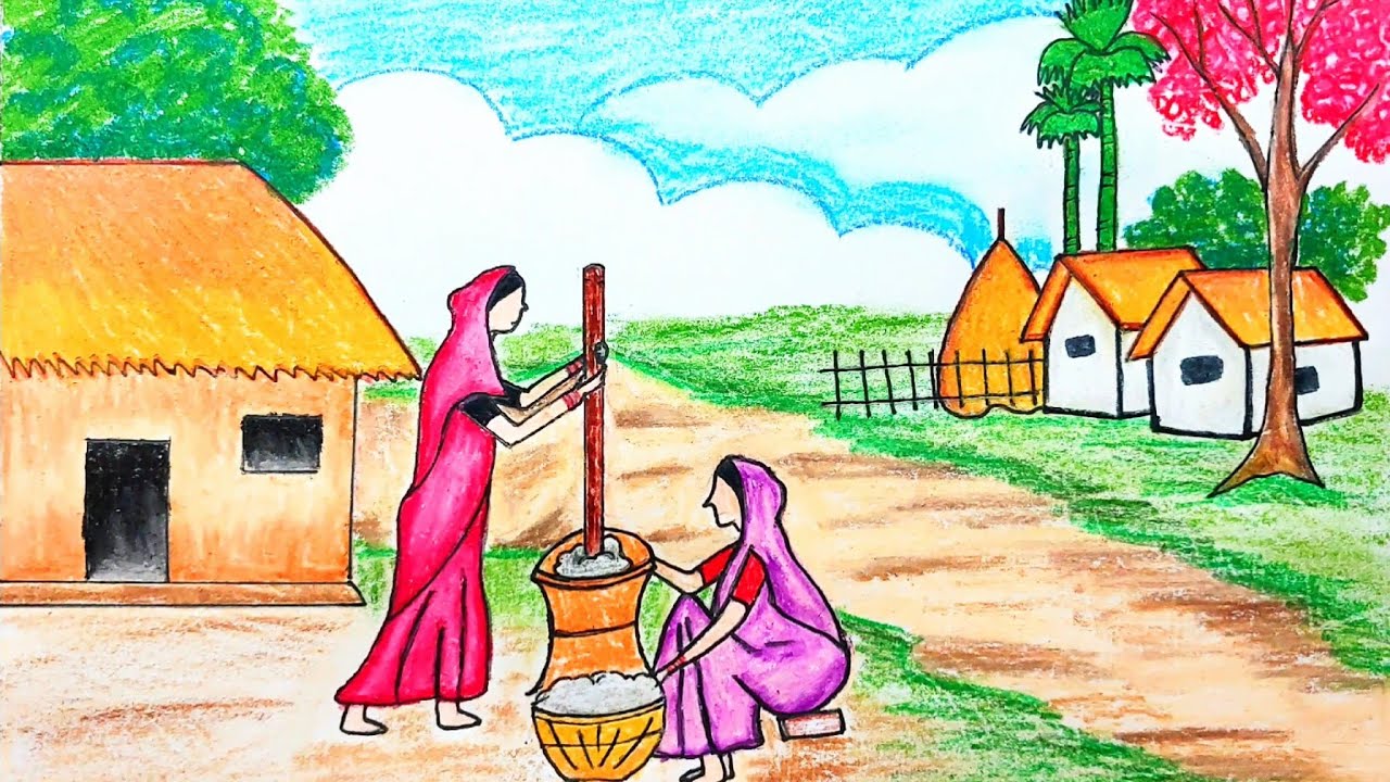 Village working women drawing | village house scenery drawing with ...