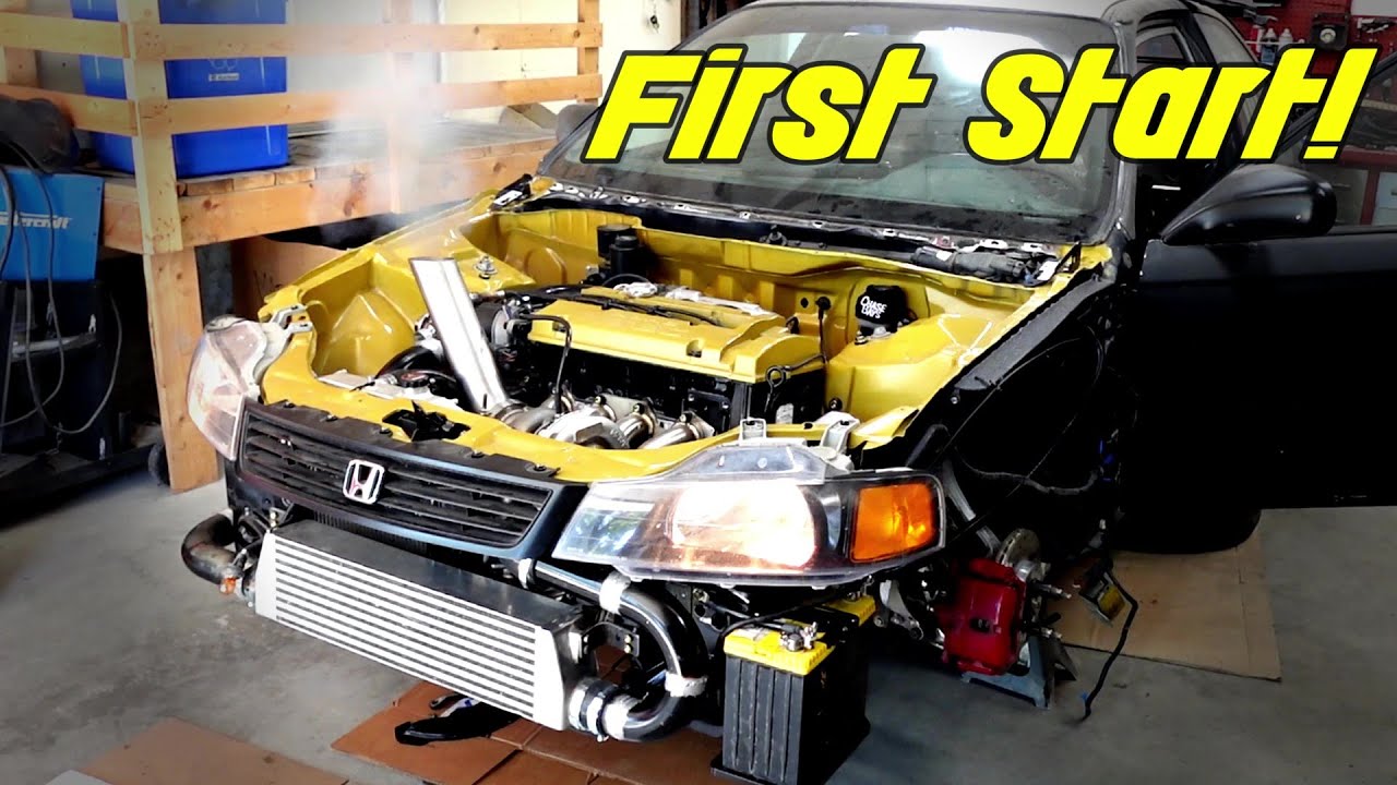 First Start Up! Built H22 Turbo Frankenstein Civic - YouTube