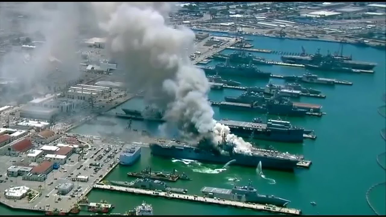 Crews battle navy ship fire at Naval Base San Diego - YouTube