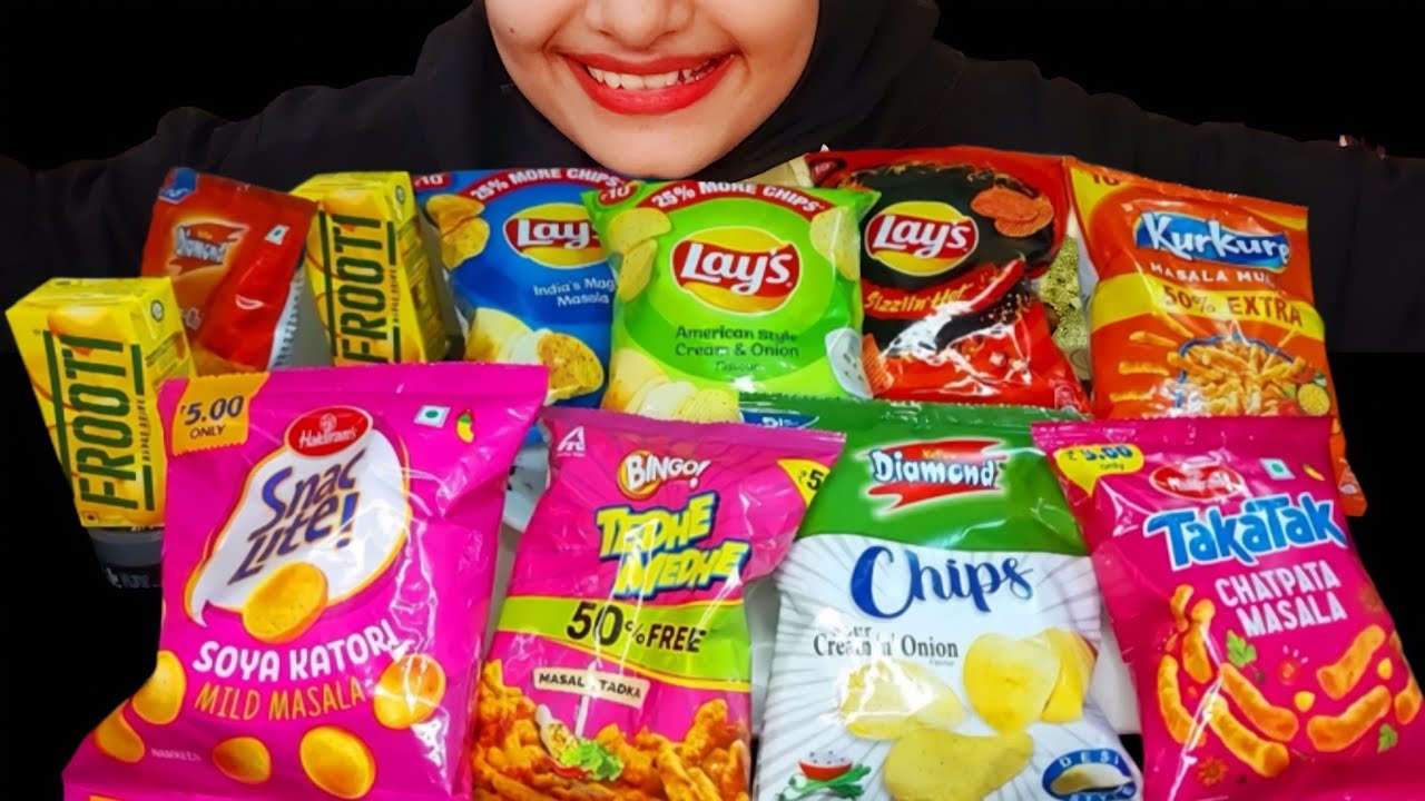 ASMR | INDIAN SNACKS EATING CHALLENGE | LAYS, OYES, COCHOLATE, KURKURE ...