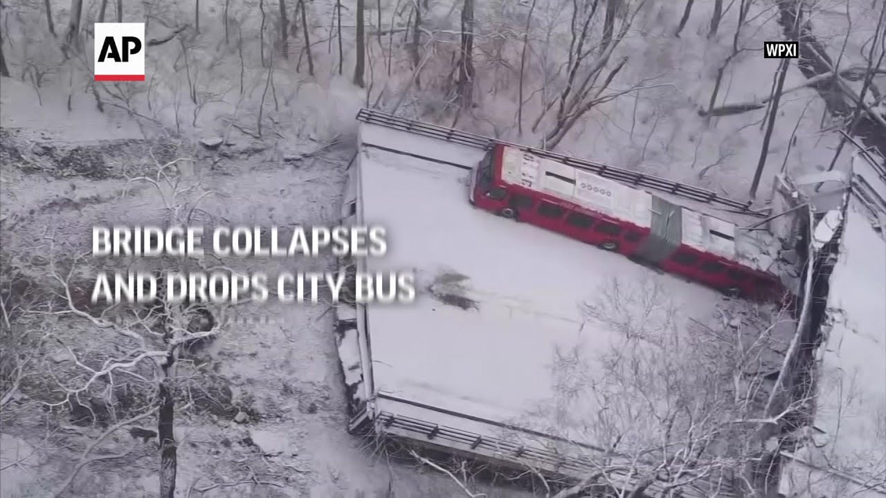Bridge collapses and drops city bus into ravine - YouTube