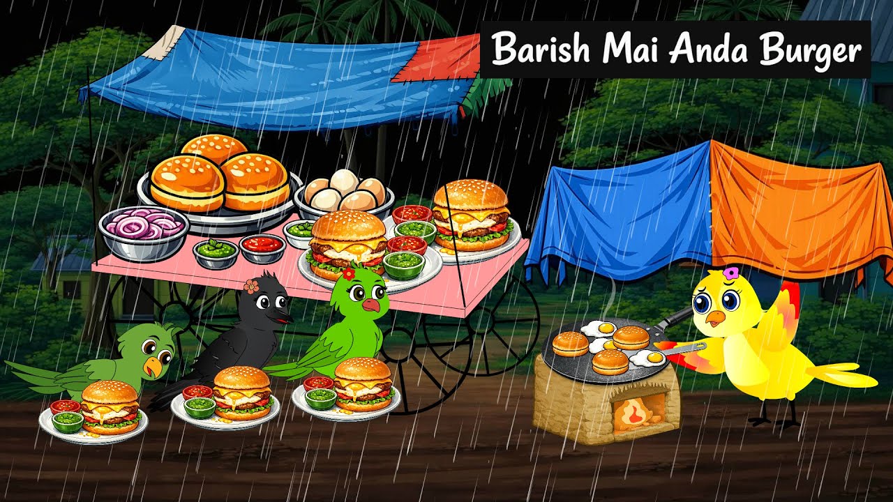 Chidiya Cartoon Kahani | Barish Mai Anda Burger |Jungle Mai Barf Barish ...