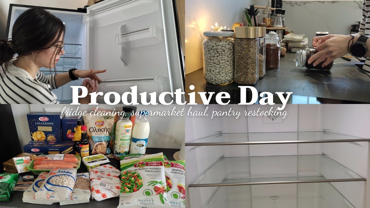 PRODUCTIVE DAY 🌸 καθαριότητα ψυγείου, supermarket haul, οργάνωση pantry ...
