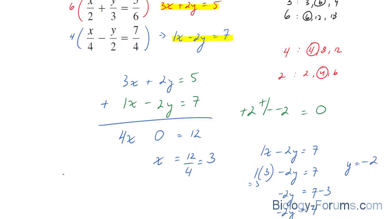 Solve a linear system with fractional coefficients - YouTube