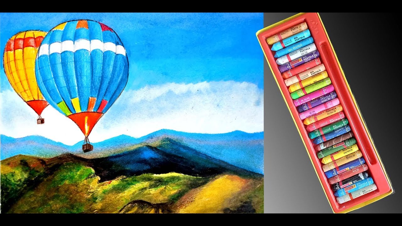 Oil Pastel Drawing - Hot Air Balloon scenery with oil pastel - YouTube