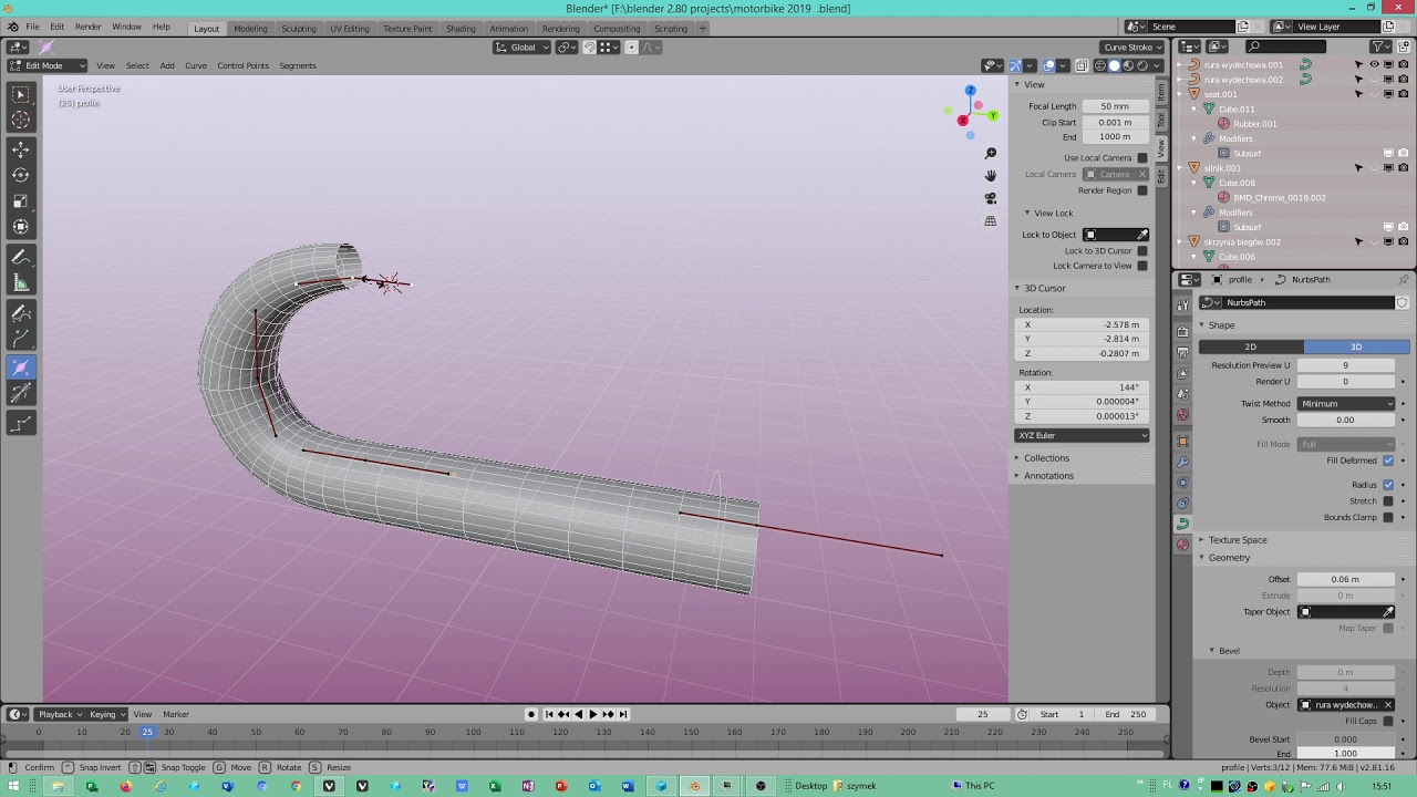 Blender 2.81a - bevel curve - opcja taper - (rura wydechowa do motoru ...