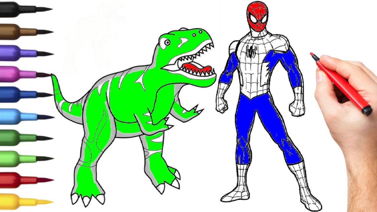 Coloring Video with Spider-Man and Dinosaur | Spider-Man and T-Rex ...