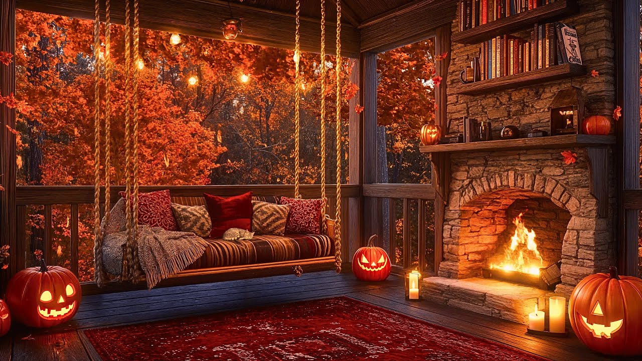 Cozy Halloween Night on the Porch | Glowing Pumpkins, Crackling ...