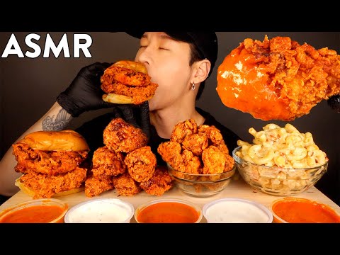 ASMR MUKBANG SPICY CHICKEN WINGS & CHICKEN SANDWICH & POPCORN CHICKEN & MAC (No Talking)