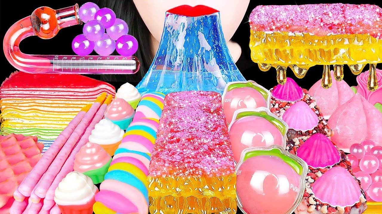 ASMR PINK DRINKS, RAINBOW CREPE CAKE, HONEY COMB KOHAKUTO 핑크색 디저트 무지개 ...