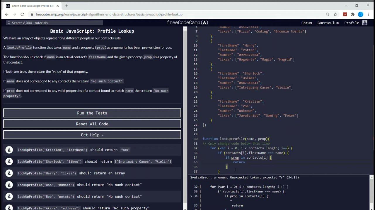 Basic Javascript (102/111) | Profile Lookup | freeCodeCamp - YouTube