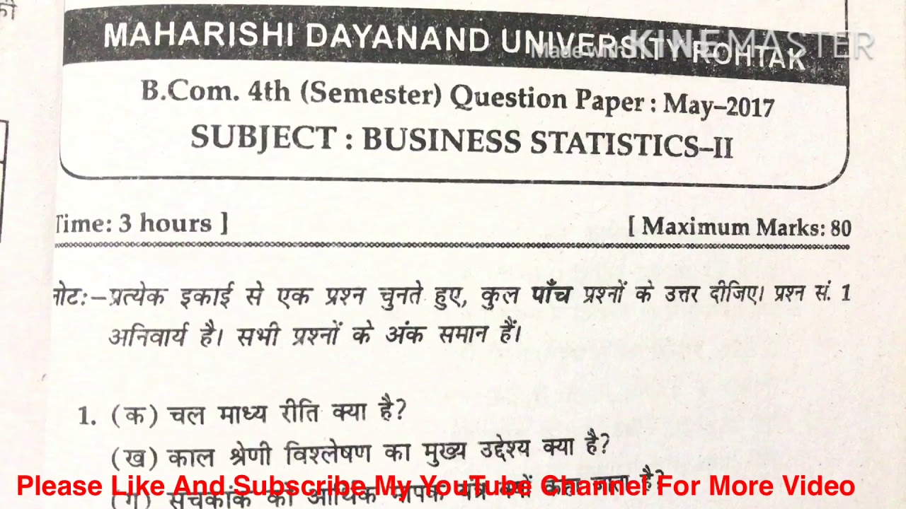 B.com 4th semester (Pass Caurse) Business Statistics Question Paper Mdu ...