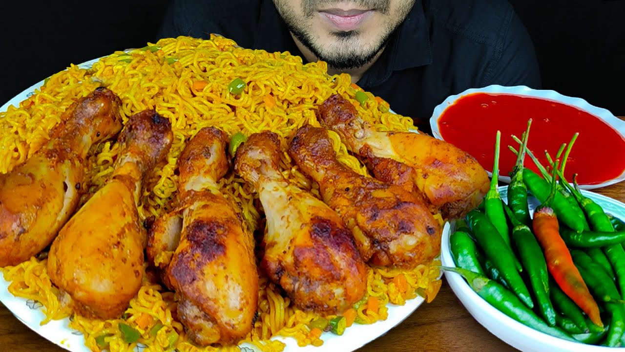 EATING MAGGI MASALA NOODLES AND CHICKEN LEG FRY WITH GREEN CHILIES ...