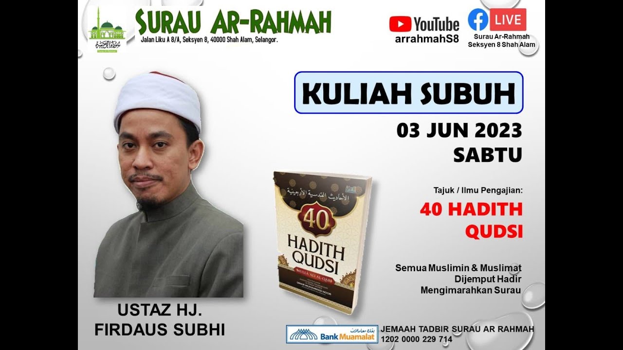 LiVe @arrahmahs8 KULIAH SUBUH | UST HJ FIRDAUS SUBHI | 3 JUN 2023 ...