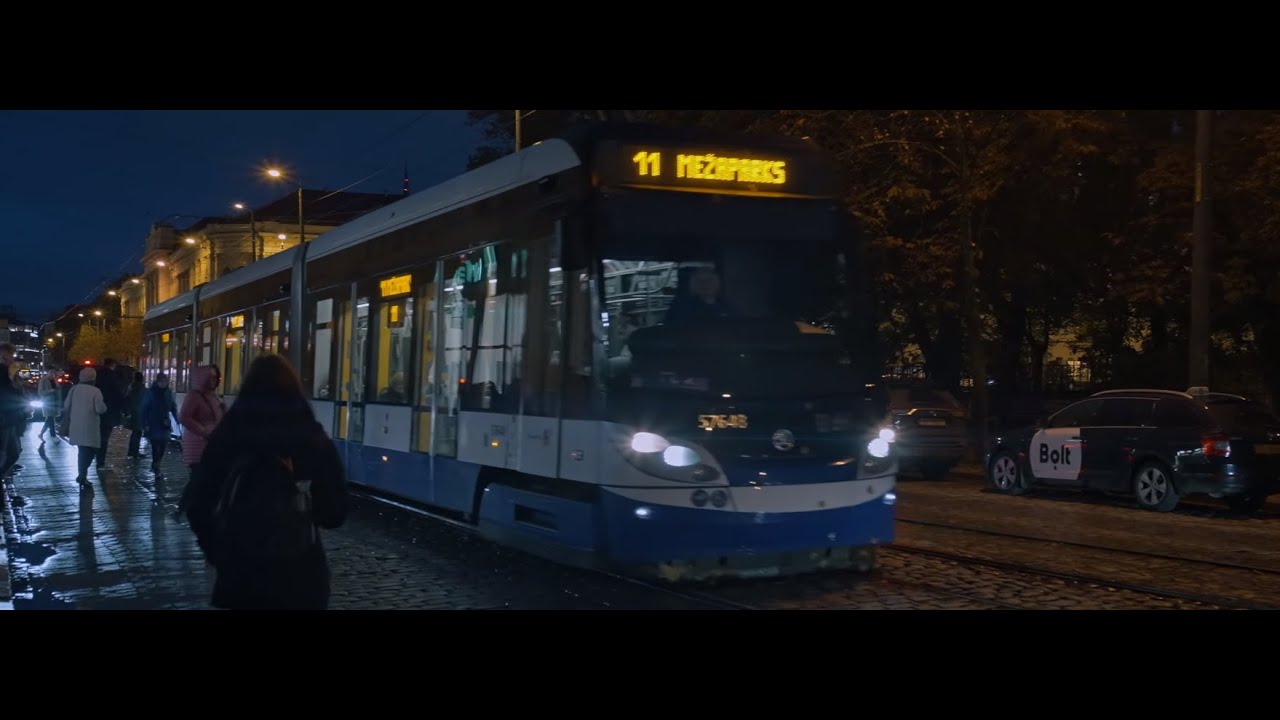 Latvia, Riga, tram 11 night ride from Merķeļa iela to Bērnu Pasaule ...