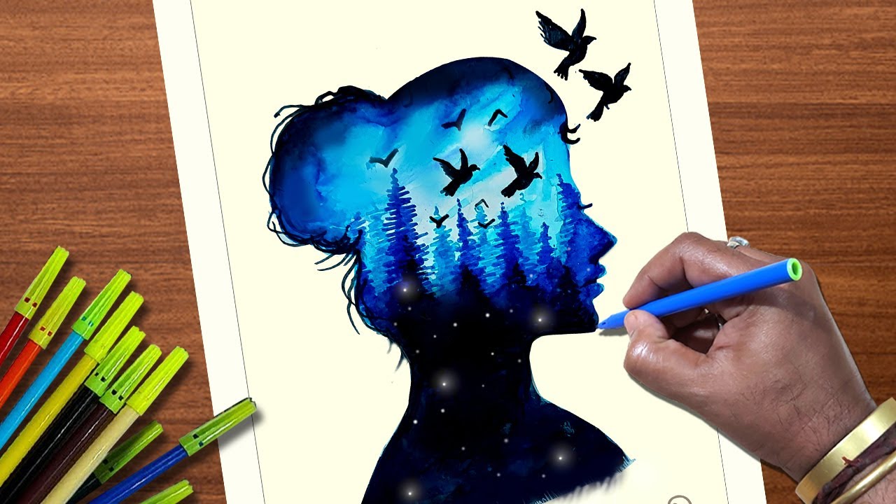 How to draw Double Exposure face | Double exposure Scenery drawing for ...