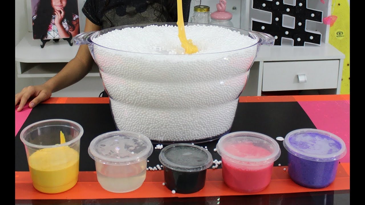 JOGUEI CINCO SLIMES DENTRO DE UM BALDE CHEIO DE BOLINHA DE ISOPOR - FIZ ...