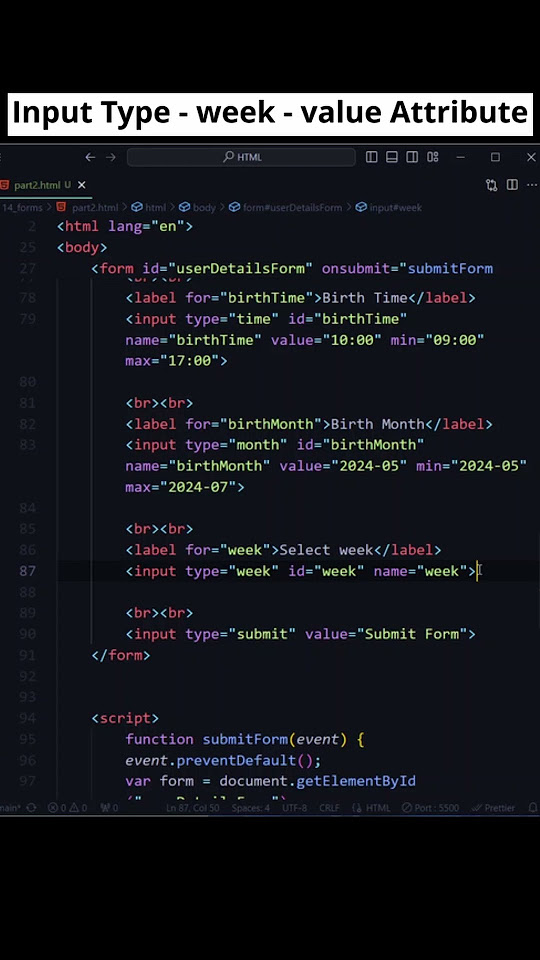 Html Input Type Week With Value Attribute Htmlform Codewithmayur Youtube