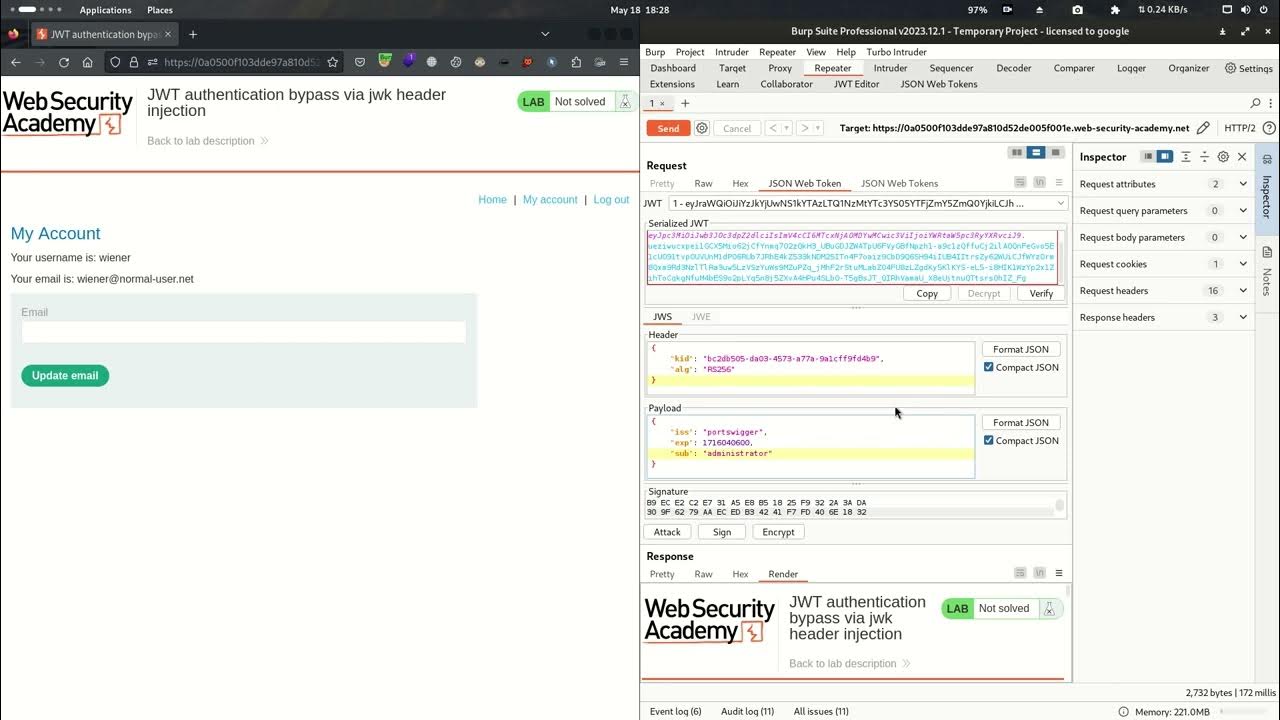 22.4 Lab: JWT authentication bypass via jwk header injection - Karthikeyan Nagaraj | 2024 - YouTube