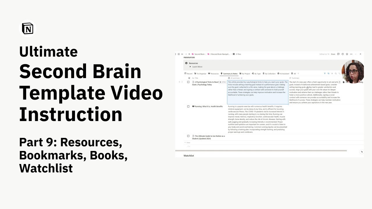 Resources, Bookmarks, Watchlist, Books - Ultimate Notion Second Brain Template Video Instruction ...