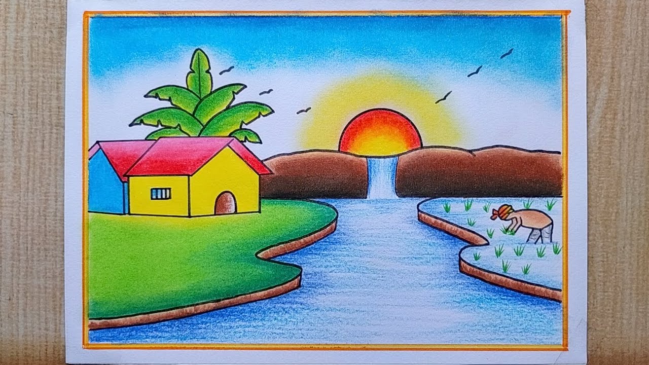 Paddy field with Farmer Scenery drawing easy| Landscape scenery drawing ...