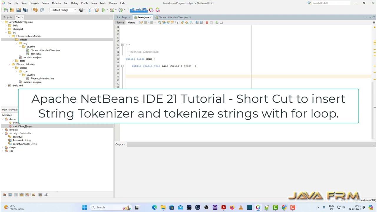 Apache NetBeans IDE 21 Tutorial - Short Cut to insert for with string tokenizer - forst + Tab ...