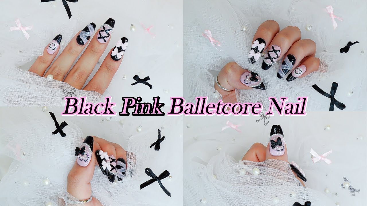 Sub키치한 블랙🖤핑크💗 발레코어네일🩰잉크젤 없이 잉크네일 하는 방법🖌프렌치 네일 쉽게 하는 법오일네일리본네일셀프네일