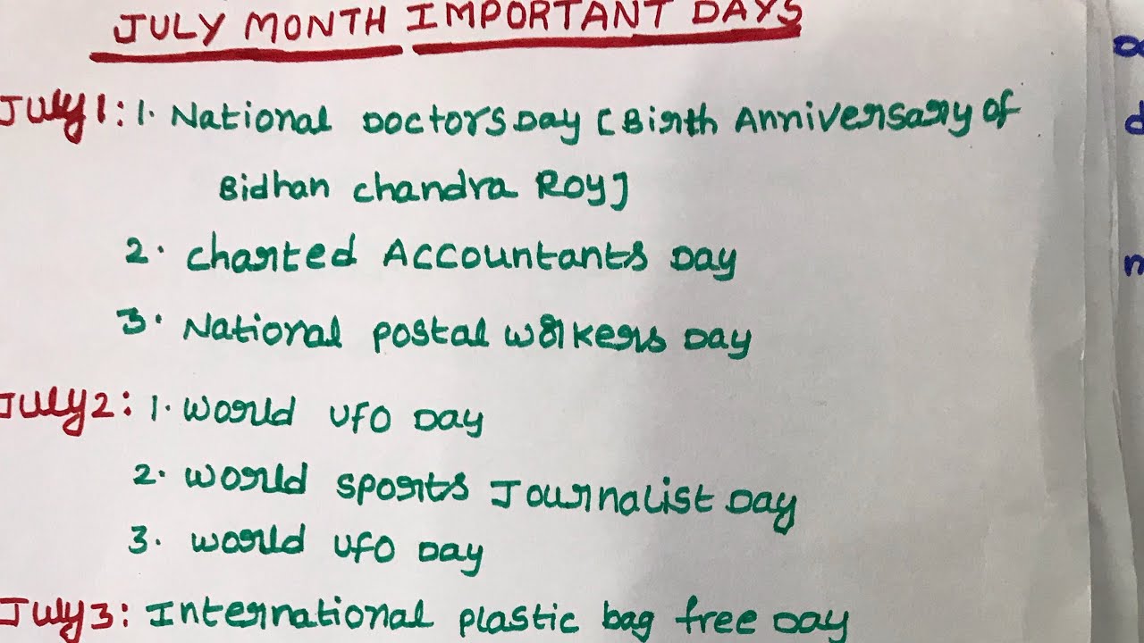Important days of July # July month dates and days # July current ...