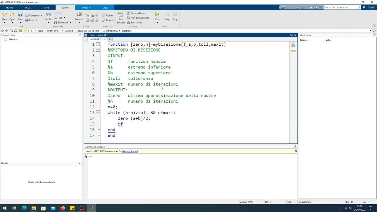 Esercizio sul metodo di bisezione in Matlab - YouTube