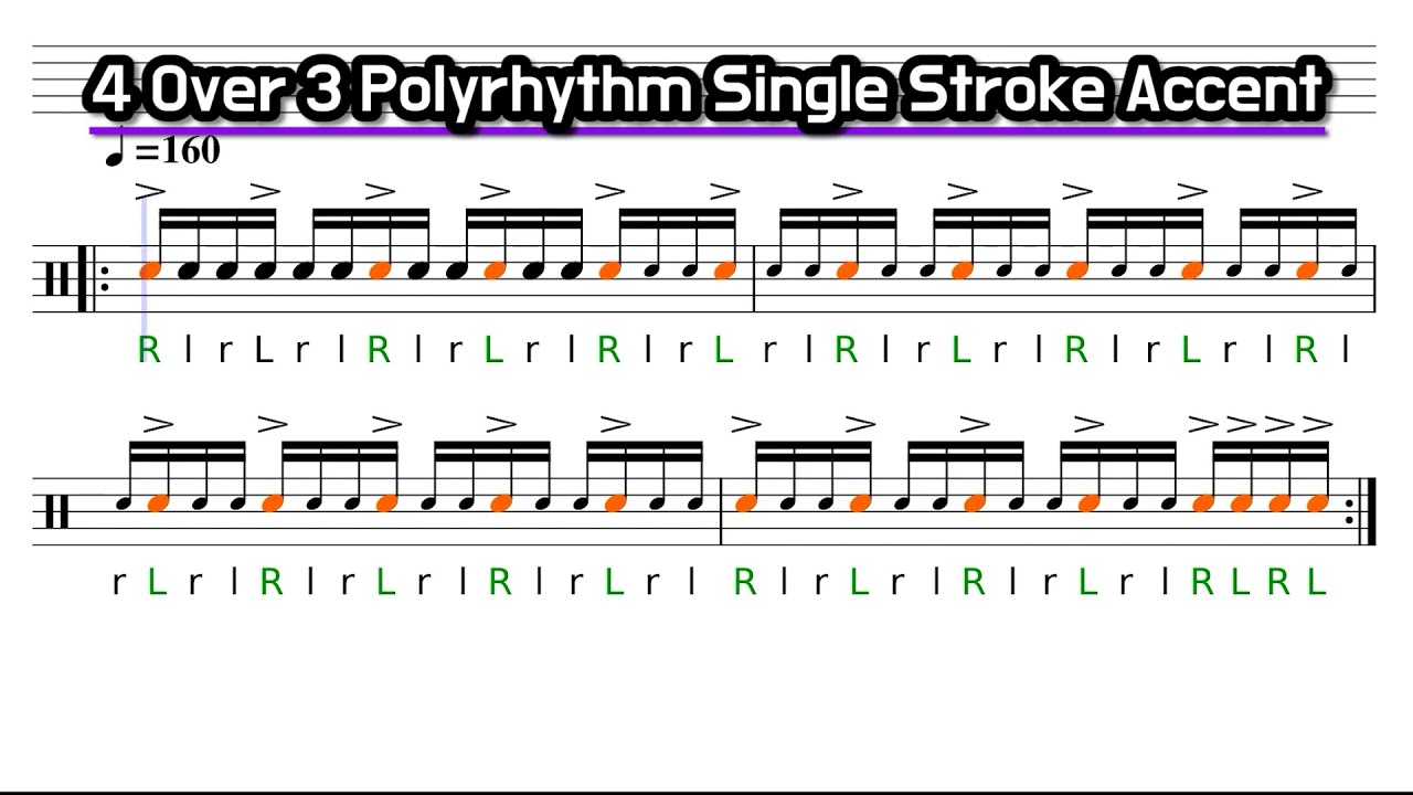 4 Over 3 Polyrhythm Single Stroke Accent Drum Sheet Play Along YouTube