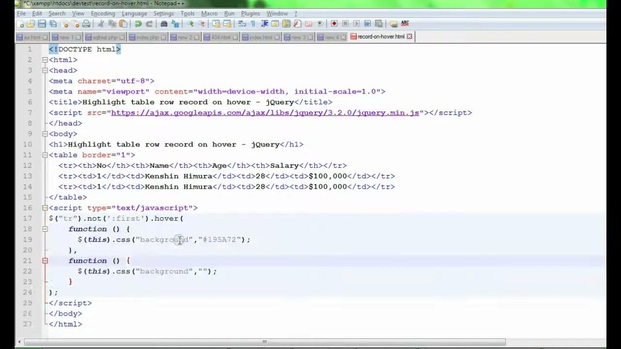 Highlight table row record on hover - jQuery - YouTube