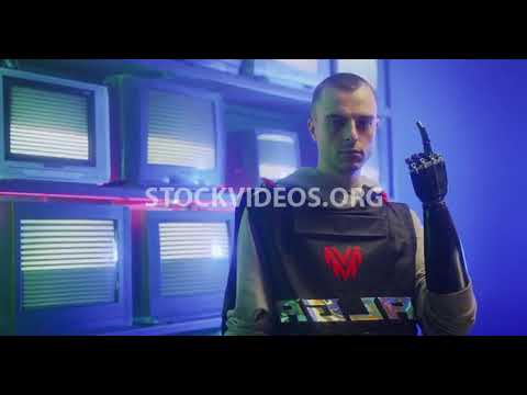 young man with bionic prosthetic arm m...