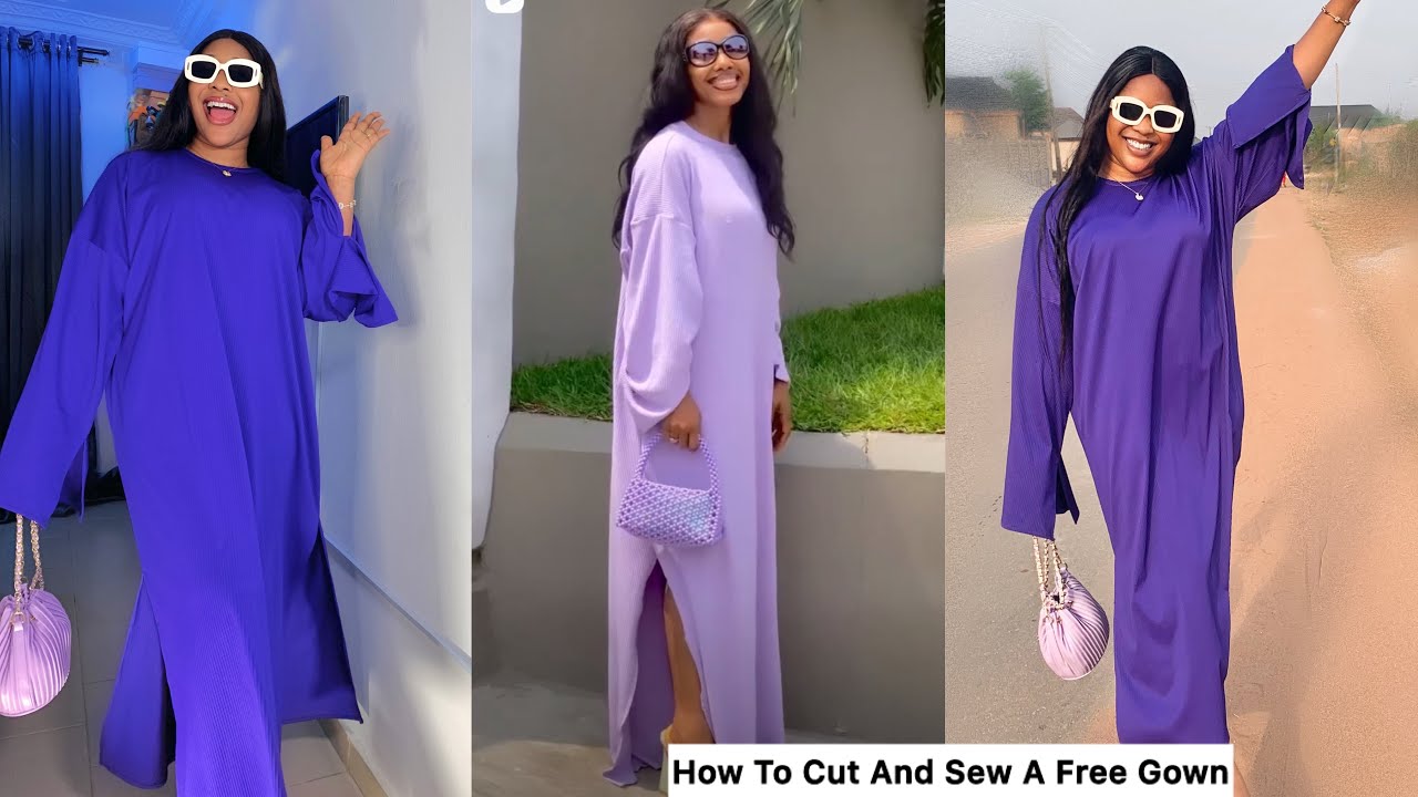 How To Sew A Free Round Neck Dress With Side Slit And Wide Long Sleeve ...