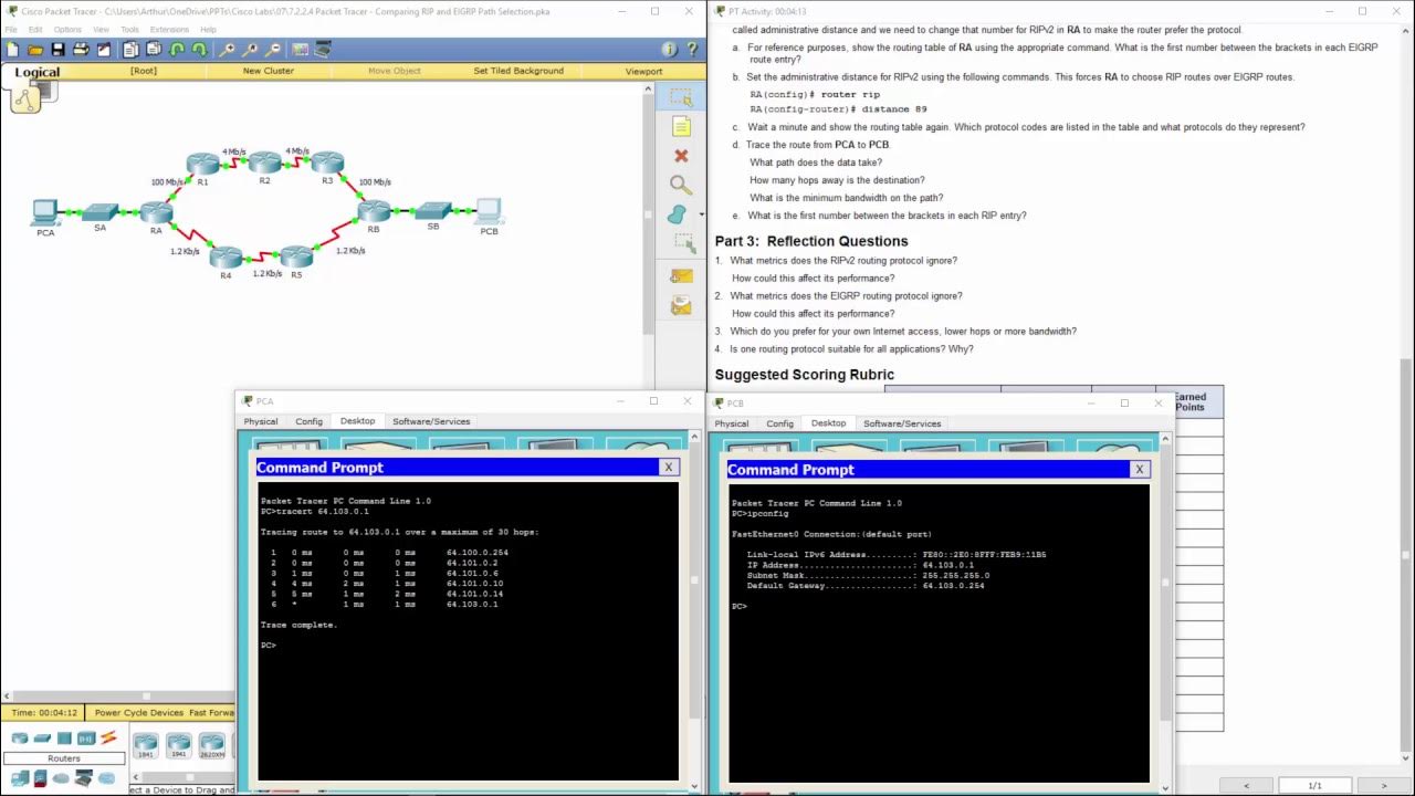 Cisco RnS - Lab 7.2.2.4 Packet Tracer - Comparing RIP and EIGRP Path Selection - YouTube