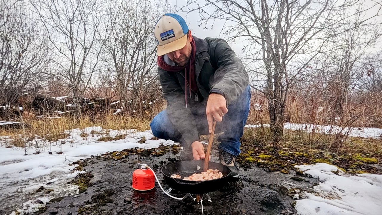 Camp Stove Lunch on a Cast Iron Skillet - Bacon, Eggs & Fresh Bread ...