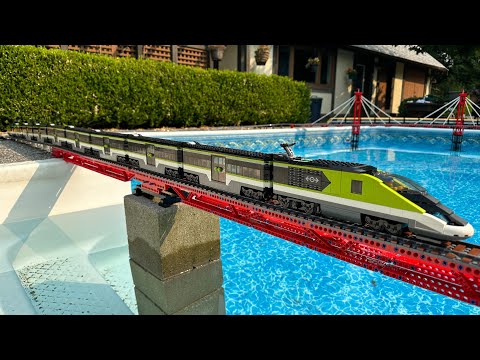 Lego Train Cab Ride on 2 Bridges and Around The Pool!