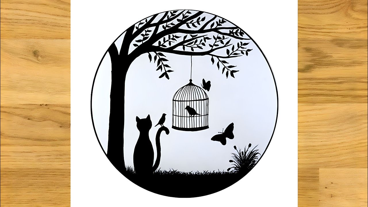 A beautiful scenery drawing in the circle || Birds || Cat || Butterfly ...