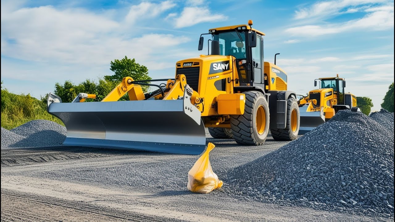 The video shows road construction equipment working on leveling gravel ...