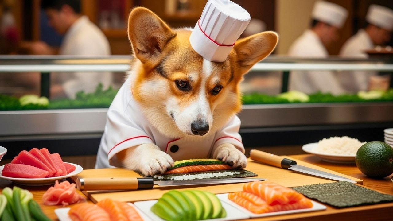 Corgi Mama Work Hard At Sushi Restaurant to buy milk for Corgi Puppy ...