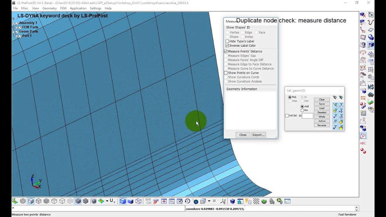 LS-PrePost eZSetup Workshop04-Duplicate node check:measure distance - YouTube