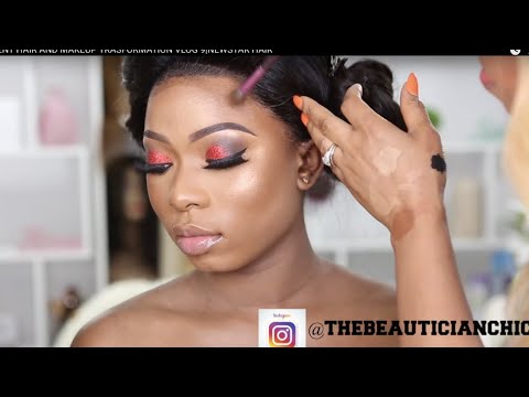 CLIENT HAIR AND MAKEUP TRANSFORMATION  RED GLITTERS| NEWSTAR HAIR| BLACK BEAUTY MAKEUP